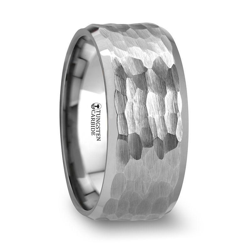 MARTEL White Tungsten Ring with Hammered Finish and Polished Bevels ...
