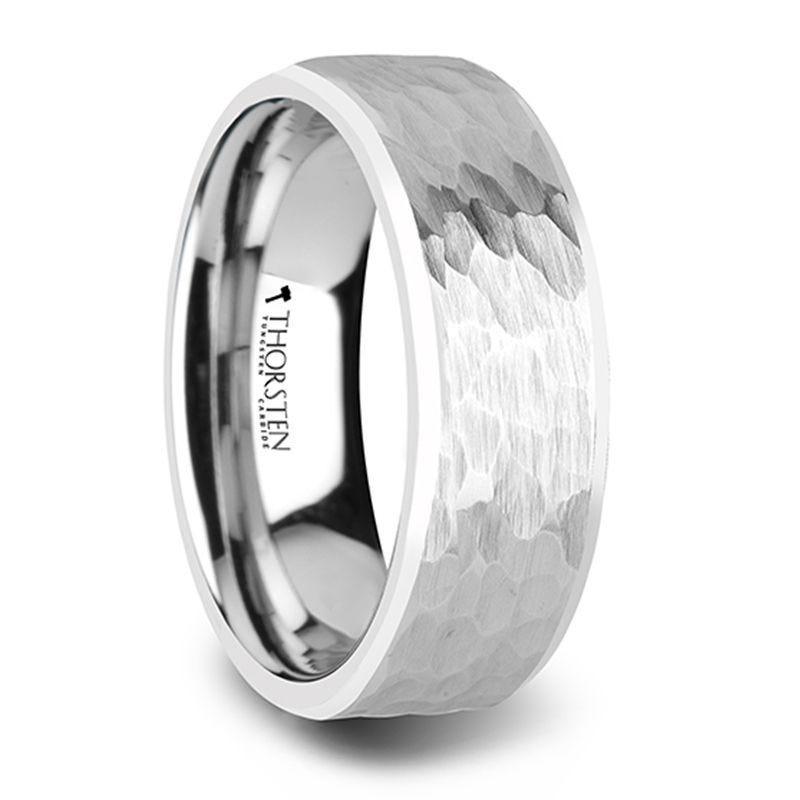 MARTEL White Tungsten Ring with Hammered Finish and Polished Bevels ...