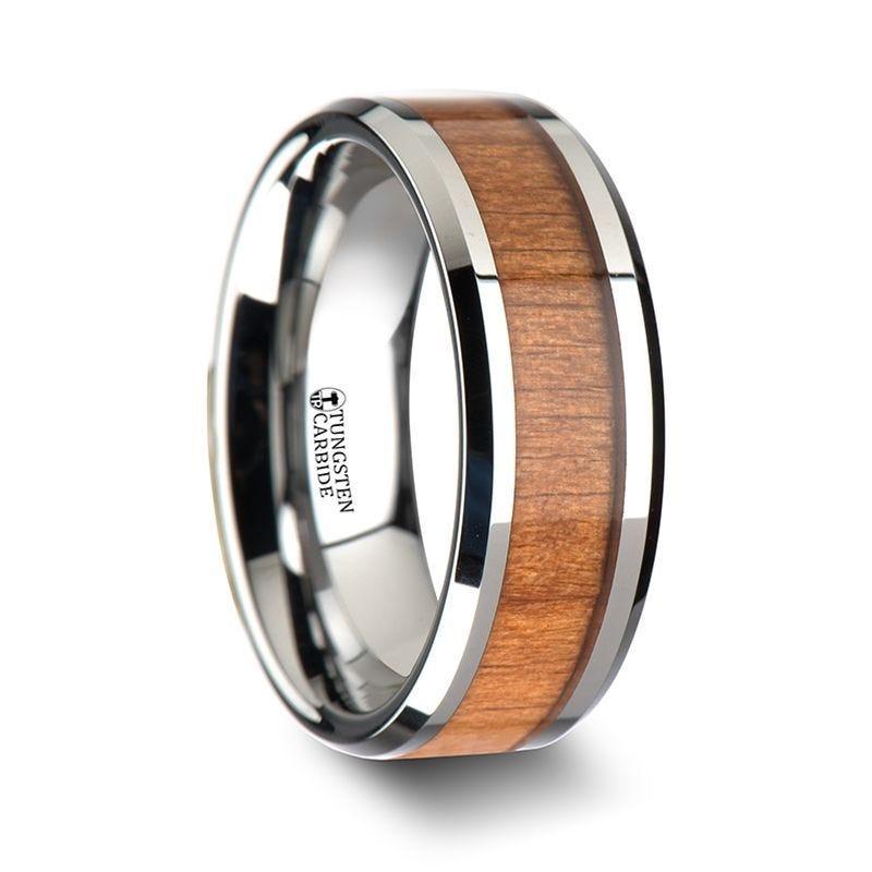 BRUNSWICK Tungsten Wedding Ring with Polished Bevels and American Cher ...