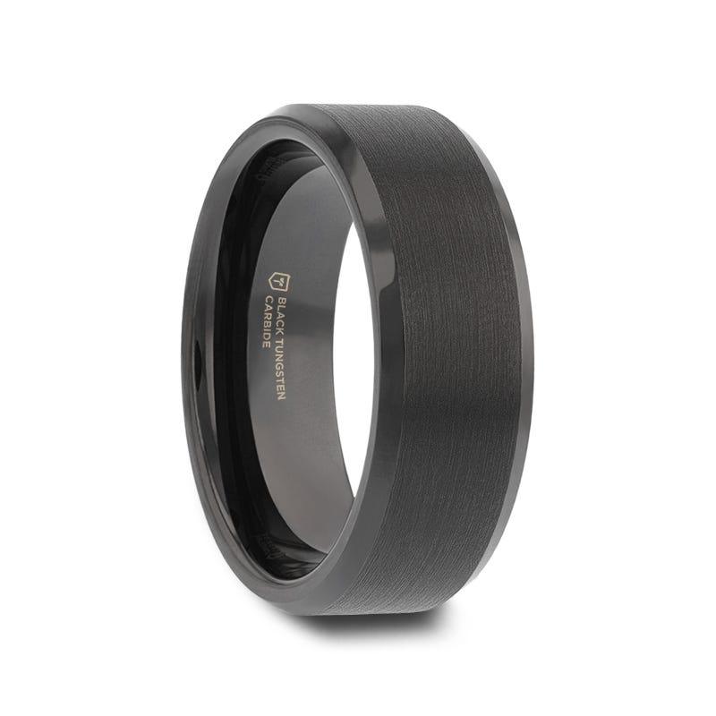 ELISE Black Tungsten Ring with Polished Beveled Edges and Brush Finish ...