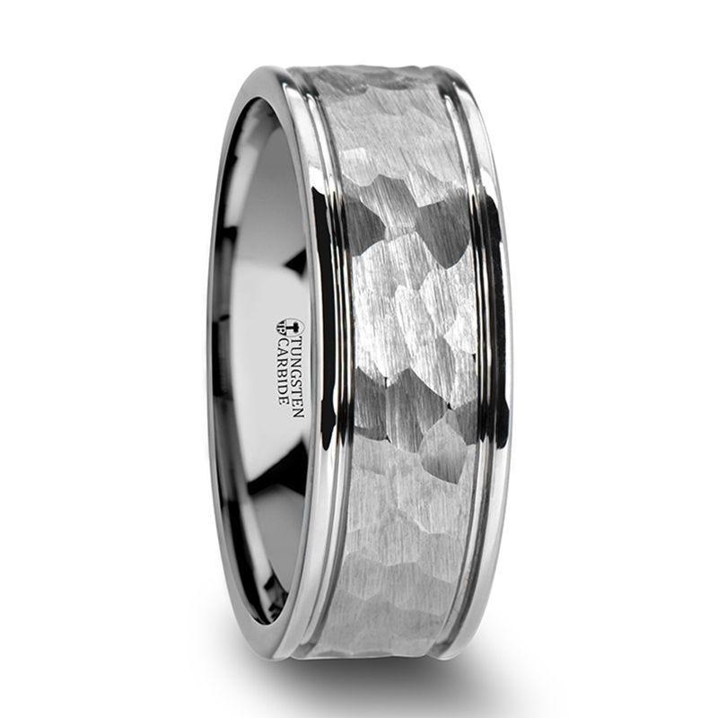 THORNTON Hammered Finish Center White Tungsten Carbide Wedding Band wi ...