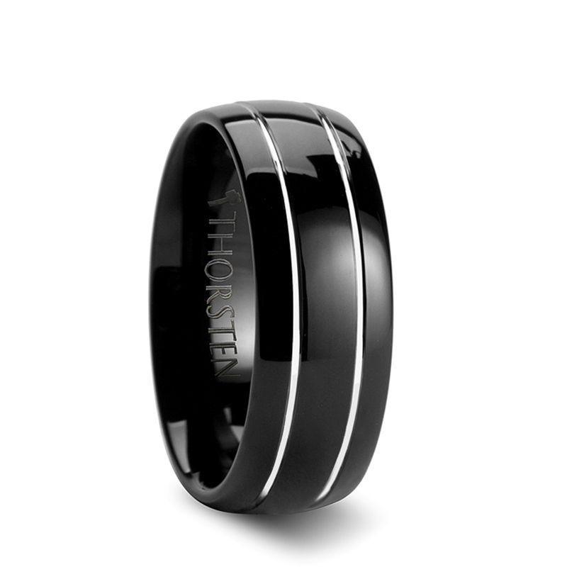 ECLIPSE Domed Black Tungsten Ring with Polished Offset Grooves - 6mm ...