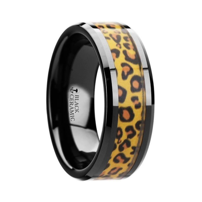 NAMIBIA Black Ceramic Wedding Band with Cheetah Print Animal Design In ...