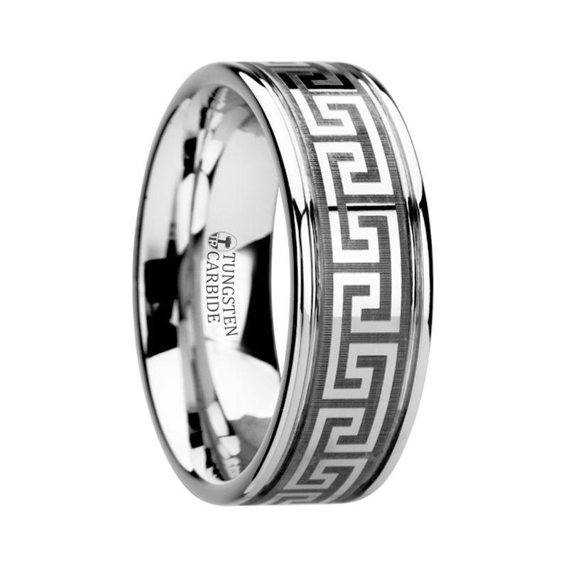 THASOS Grooved Tungsten Carbide Wedding Band with Greek Key Meander De ...