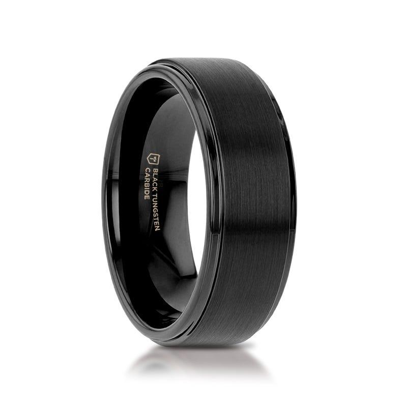 ORION Flat Black Tungsten Ring with Brushed Raised Center & Polished S ...
