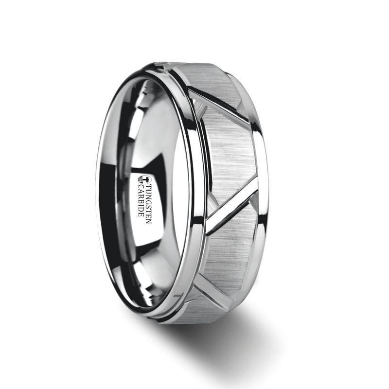 VESTIGE Tungsten Ring with Triangle Angle Grooves and Raised Center ...