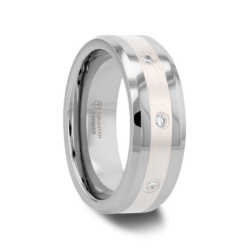 STAFFORD Silver Inlaid Beveled Tungsten Diamond Wedding Band - 8mm ...