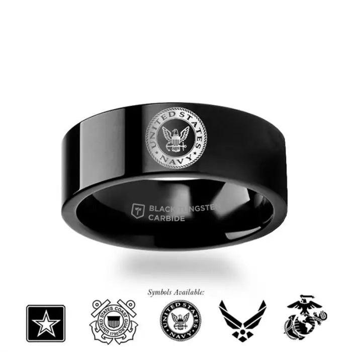 Military Symbol Logo Engraving Flat Polished Black Tungsten Ring - Arm ...
