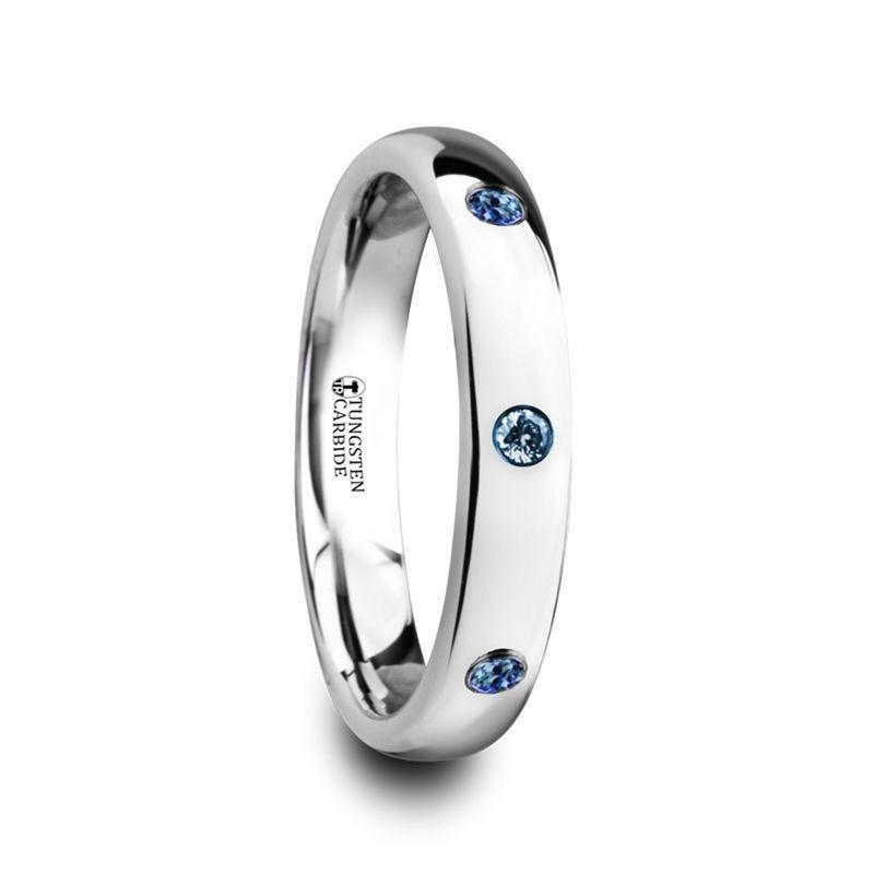 HALIA Polished and Domed Tungsten Carbide Wedding Ring with 3 Blue Sap ...