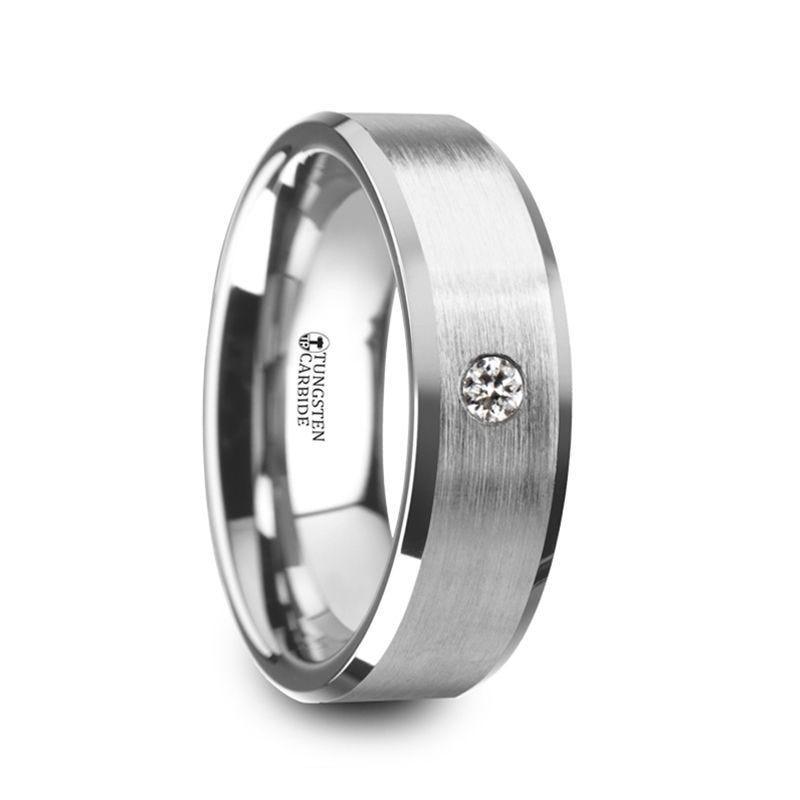 PORTER Brushed Finish Tungsten Carbide Wedding Ring with White Diamond ...