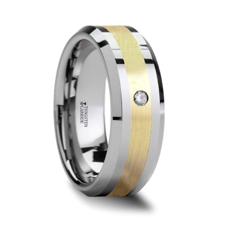FABIAN 14K Gold Inlaid Beveled Tungsten Ring with Diamond - 8mm ...