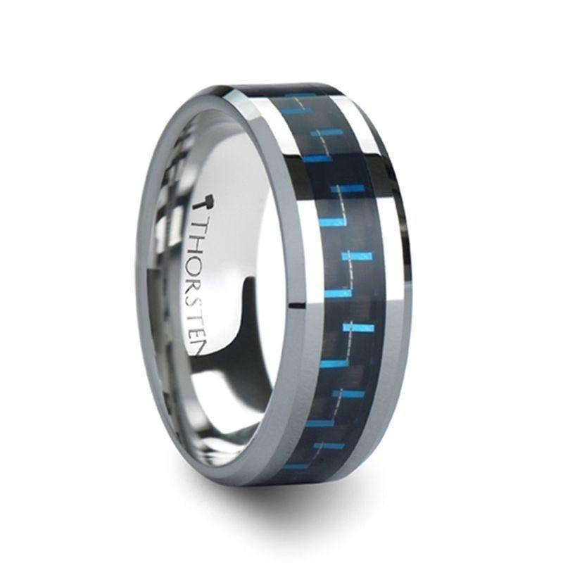 AUXILIUS Tungsten Carbide Ring with Black & Blue Carbon Fiber Inlay ...