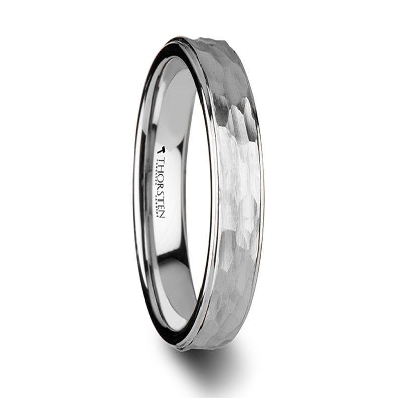 WINNIE Women's White Tungsten Ring with Raised Hammered Finish Center ...