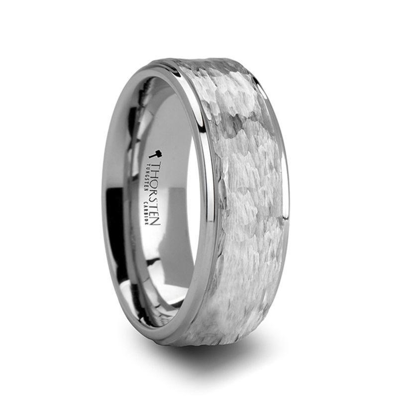 WINSTON White Tungsten Ring with Raised Hammered Finish and Polished S ...