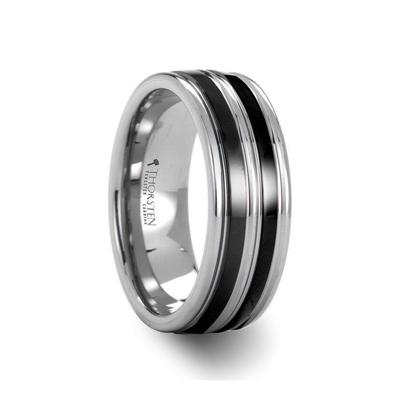LEVIATHAN Grooved Tungsten Ring With Dual Offset Black Ceramic Inlays ...