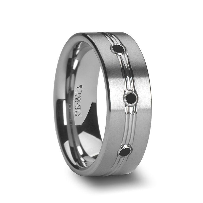 ROYALE Satin Finished Tungsten Ring with Polished Grooved Center and T ...