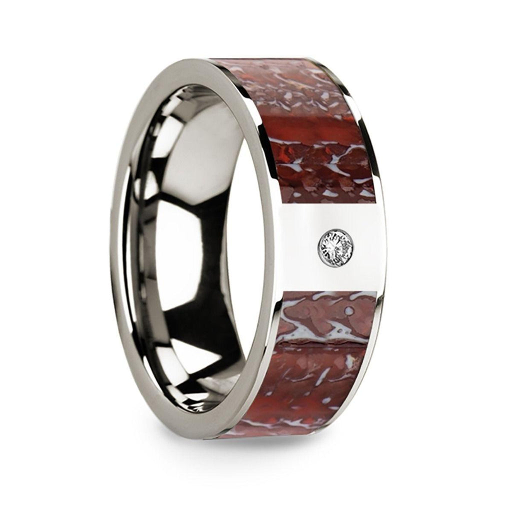 Flat 14k White Gold Ring with Red Dinosaur Bone Inlay & White Diamond ...